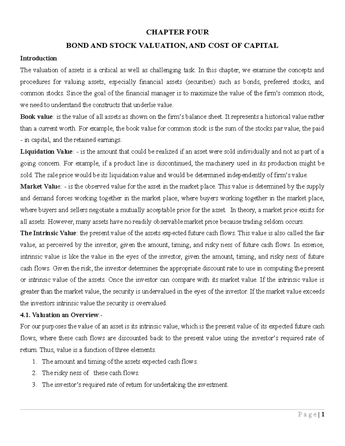 CH 4. Bond Valuation and cost of capital - CHAPTER FOUR BOND AND STOCK VALUATION, AND COST OF ...