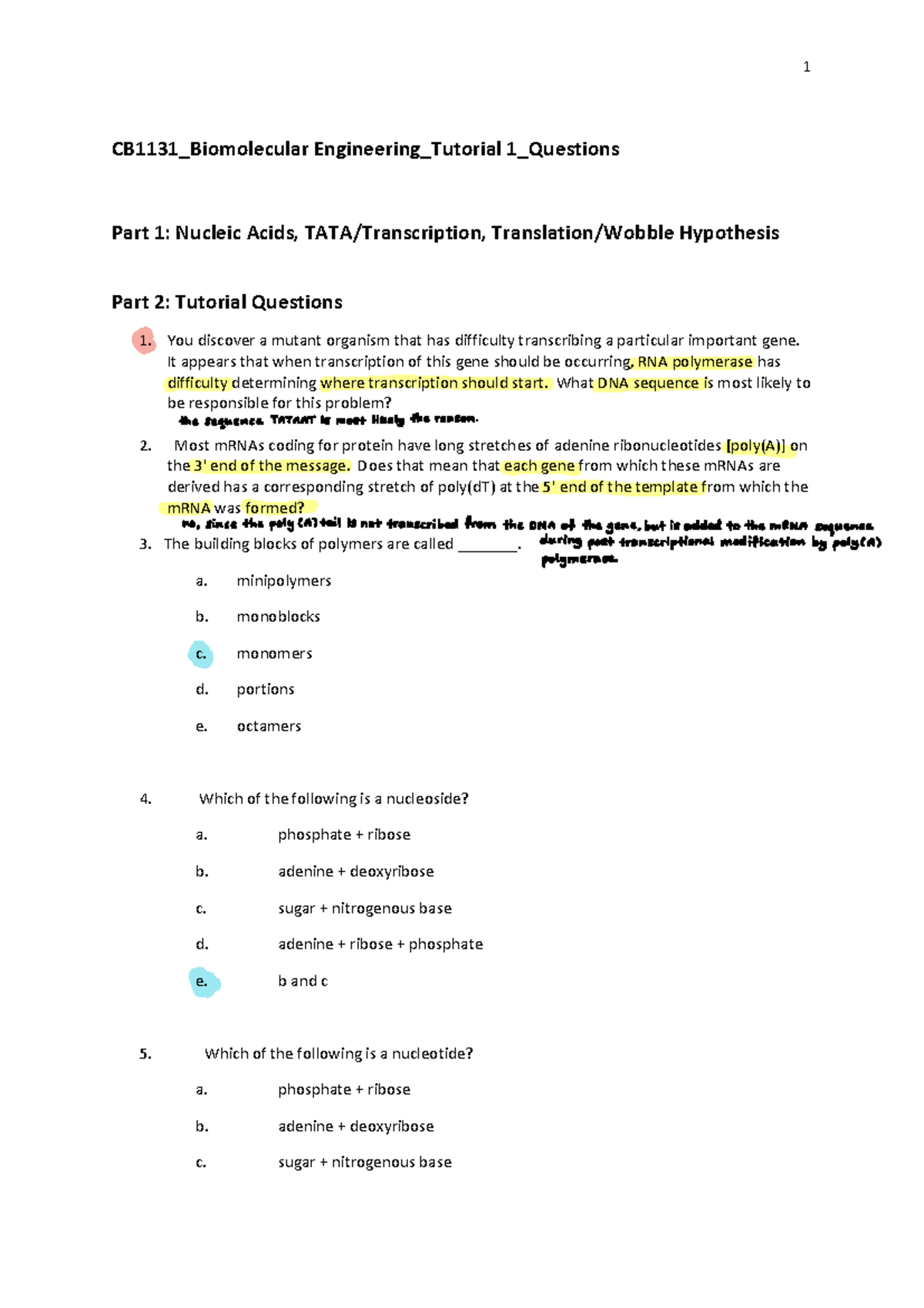 Tutorial 1 - nil - 1 CB 11 31_Biomolecular Engineering_Tutorial 1_Questions Part 1: Nucleic ...