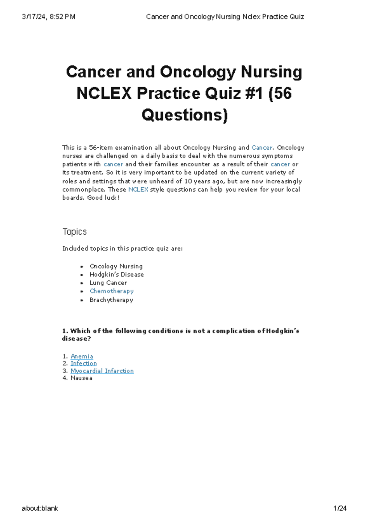 Cancer and Oncology Nursing Nclex Practice Quiz - Cancer and Oncology ...