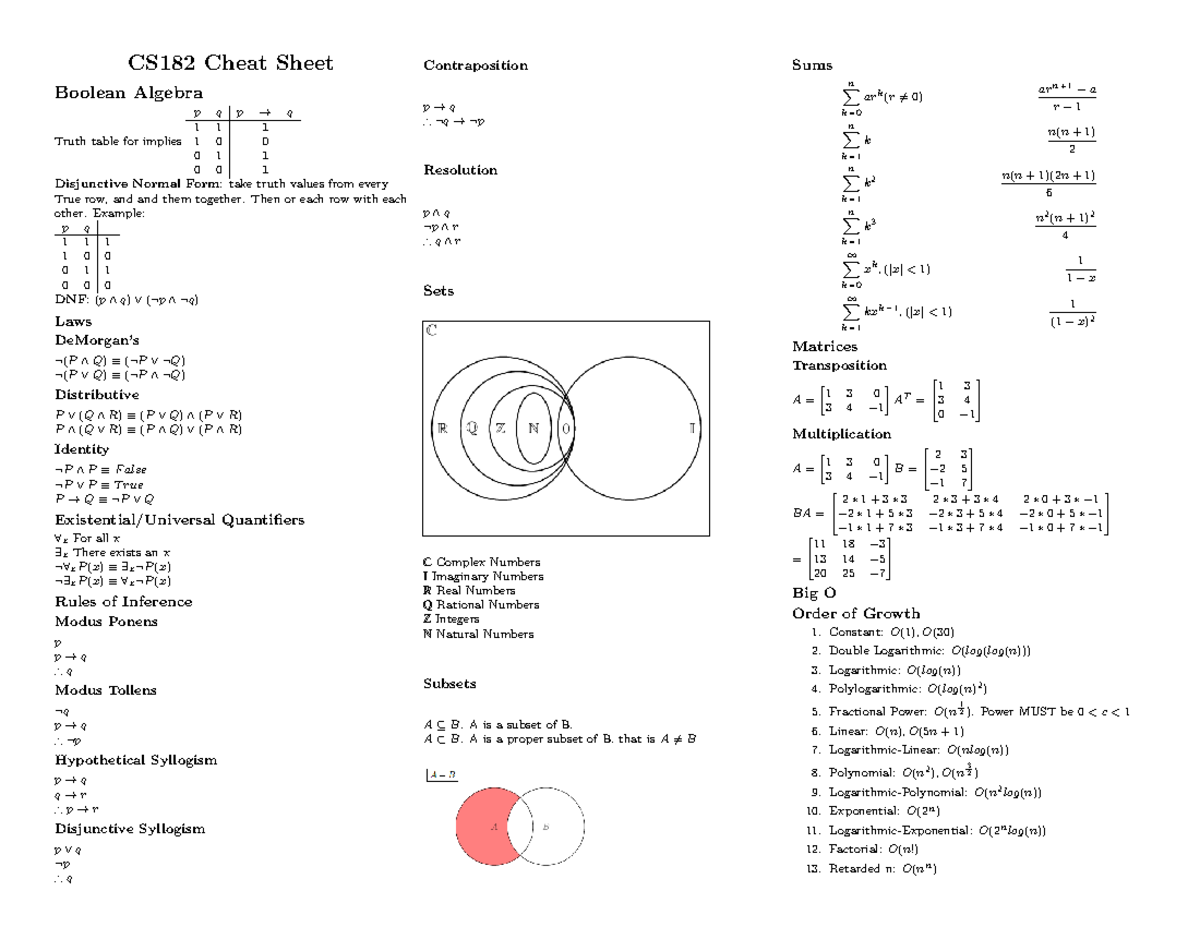 Cheat Sheet CS182 Midterm - CS182 Cheat Sheet Boolean Algebra Truth ...