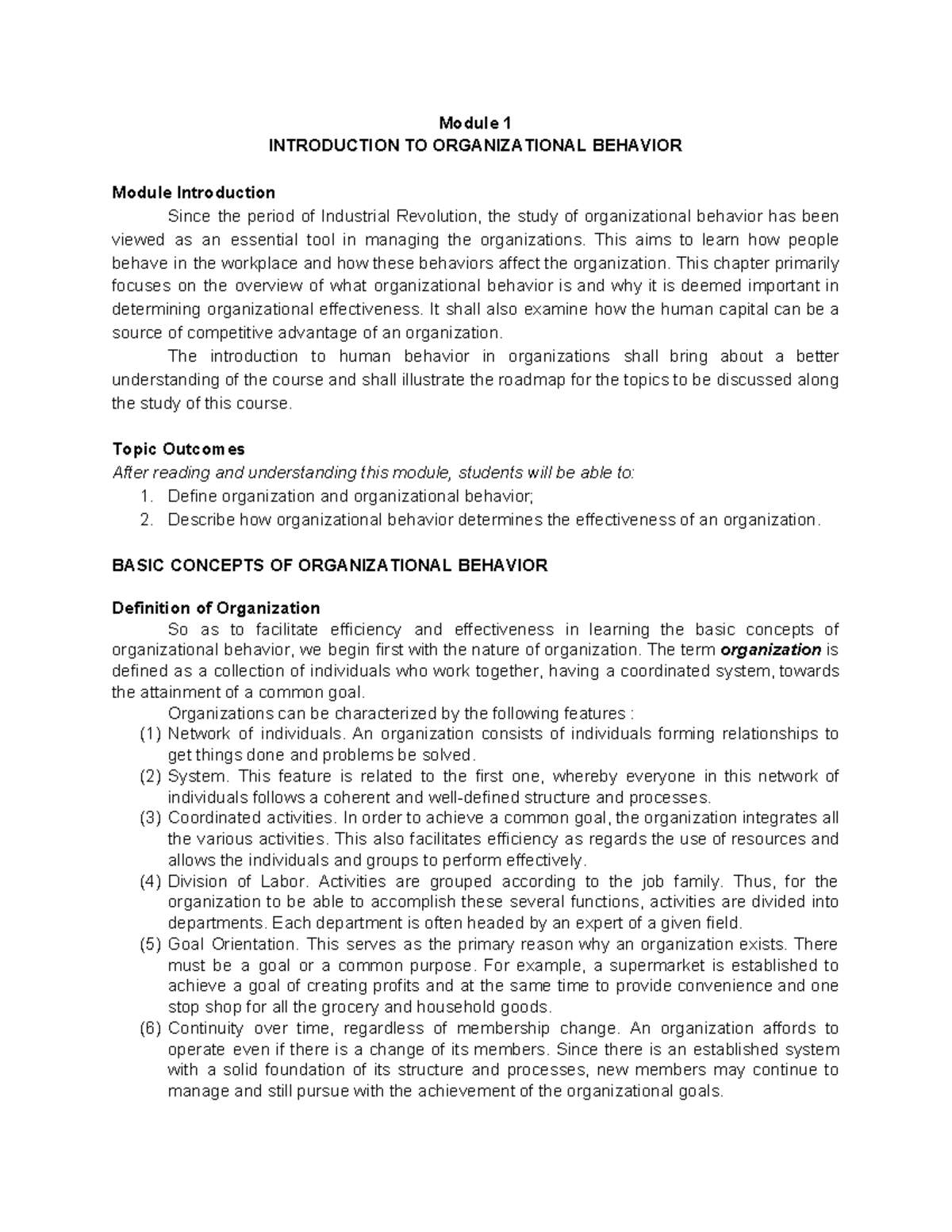 Human Behavior IN Organization Chapter 1 - Module 1 INTRODUCTION TO ...