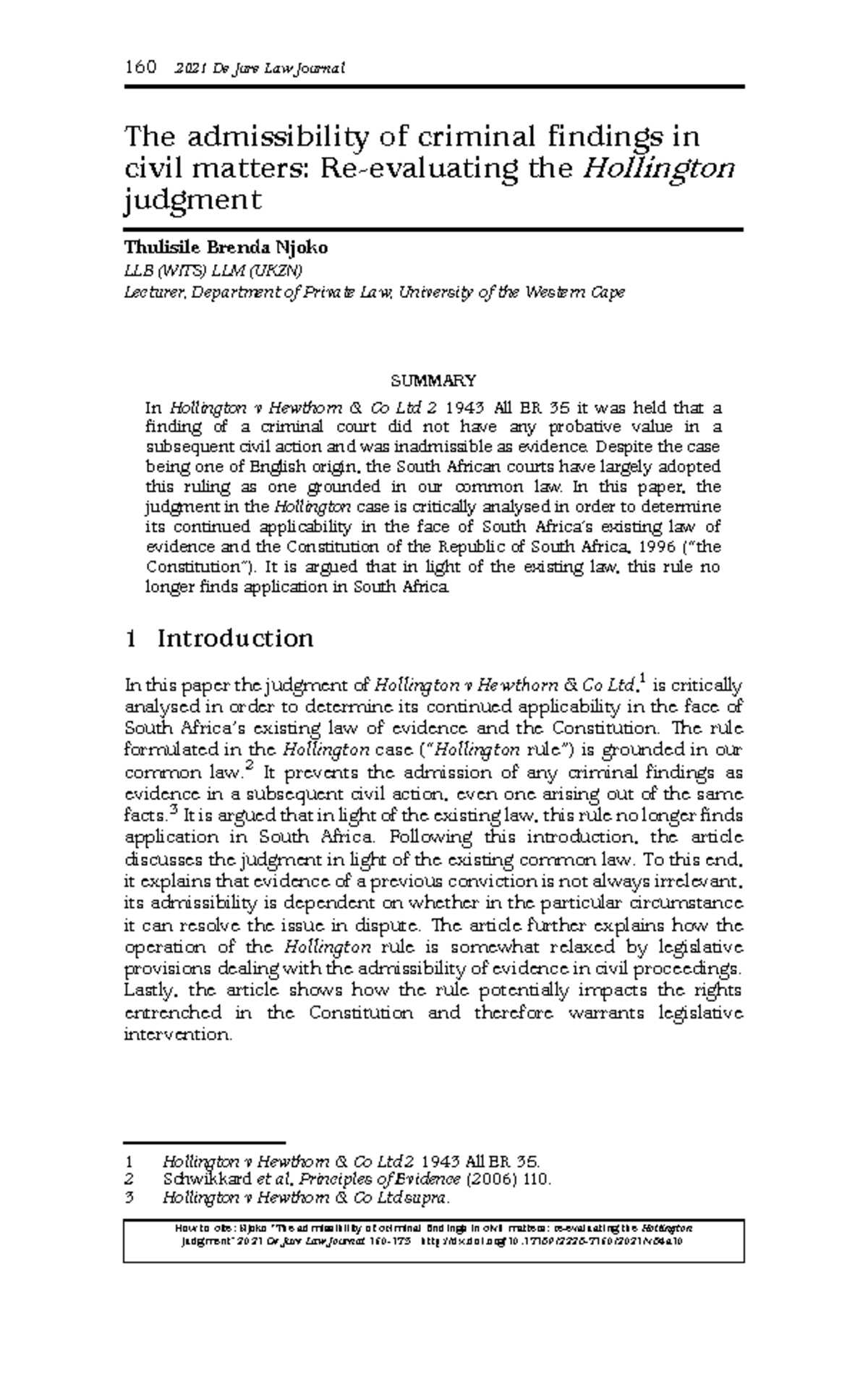 Hollington V Hewthon RULE OF Evidence - 160 2021 De Jure Law Journal ...