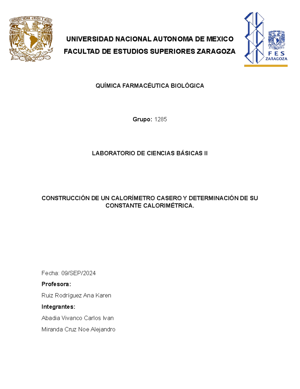 Informe Calorímetro Lcbii - UNIVERSIDAD NACIONAL AUTONOMA DE MEXICO ...