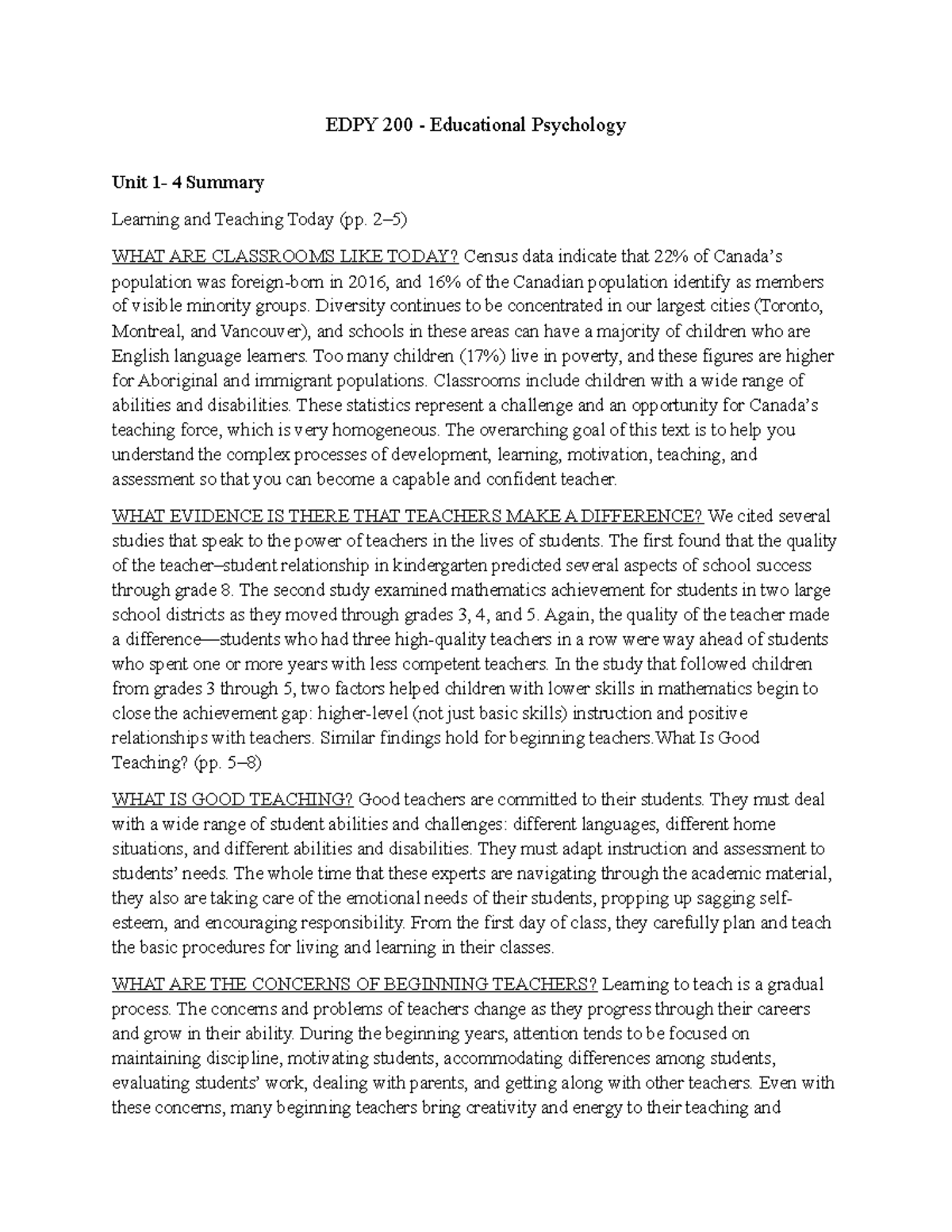 EDPY 200 Unit 1-4 Summary - EDPY 200 - Educational Psychology Unit 1- 4 ...