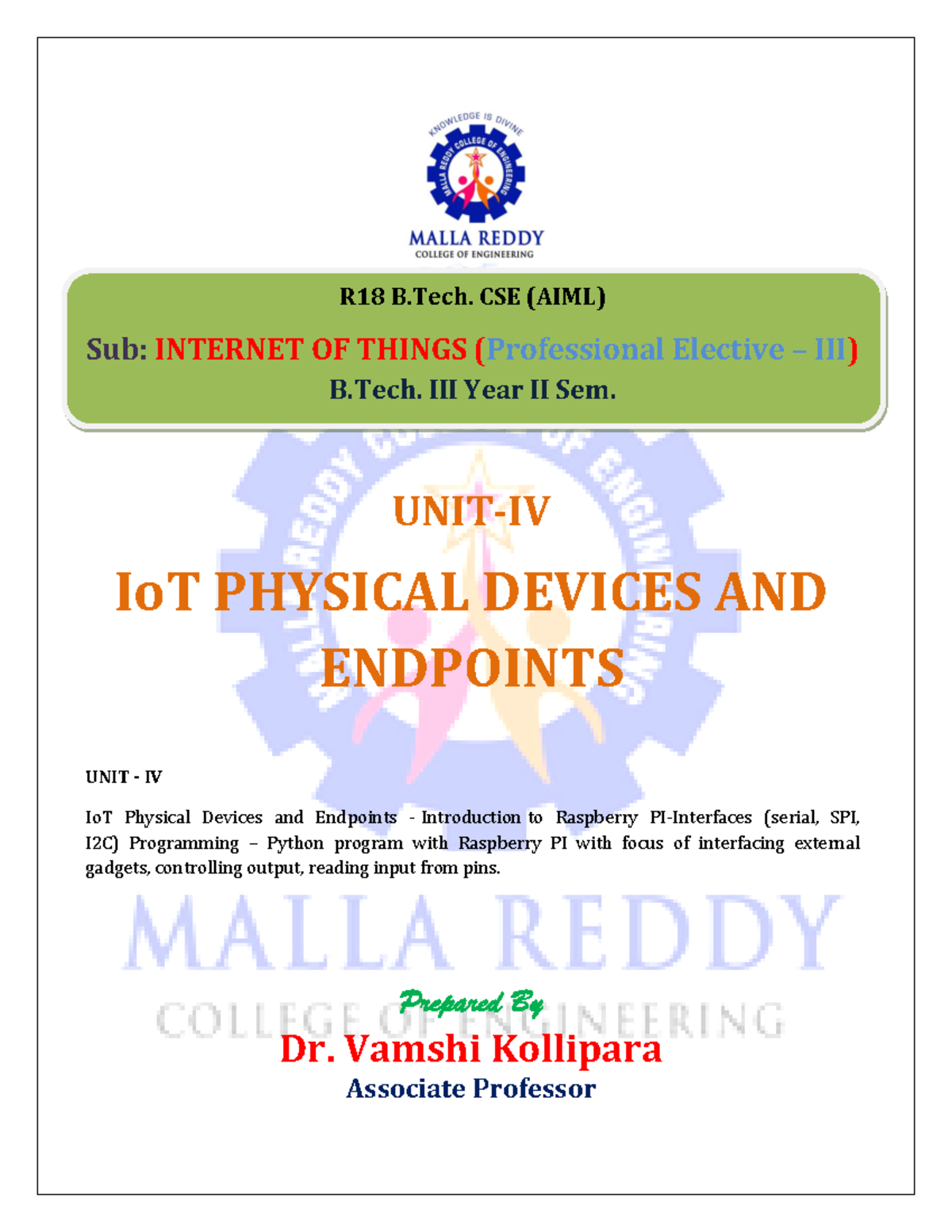 4. Io T - UNIT-IV - Iot unit 4 - R18 B. CSE (AIML) Sub: INTERNET OF THINGS (Professional ...