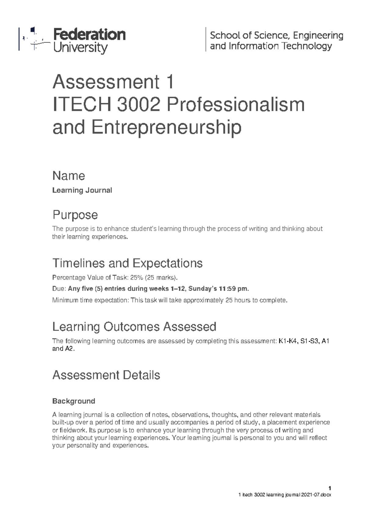 1 itech 3002 learning journal 2021-07 - 1 1 itech 3002 learning journal 2021-07 Assessment 1 ...