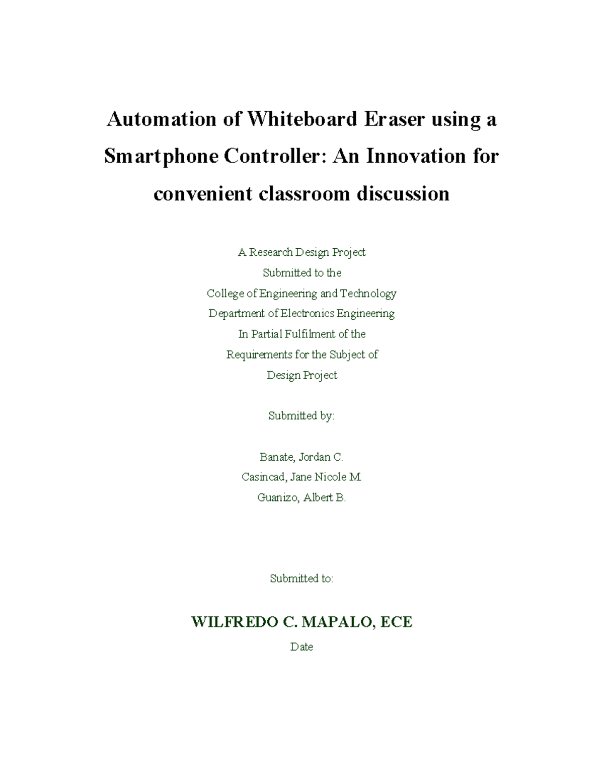 Chapter 1 AND 2 Whiteboard - Automation of Whiteboard Eraser using a Smartphone Controller: An ...