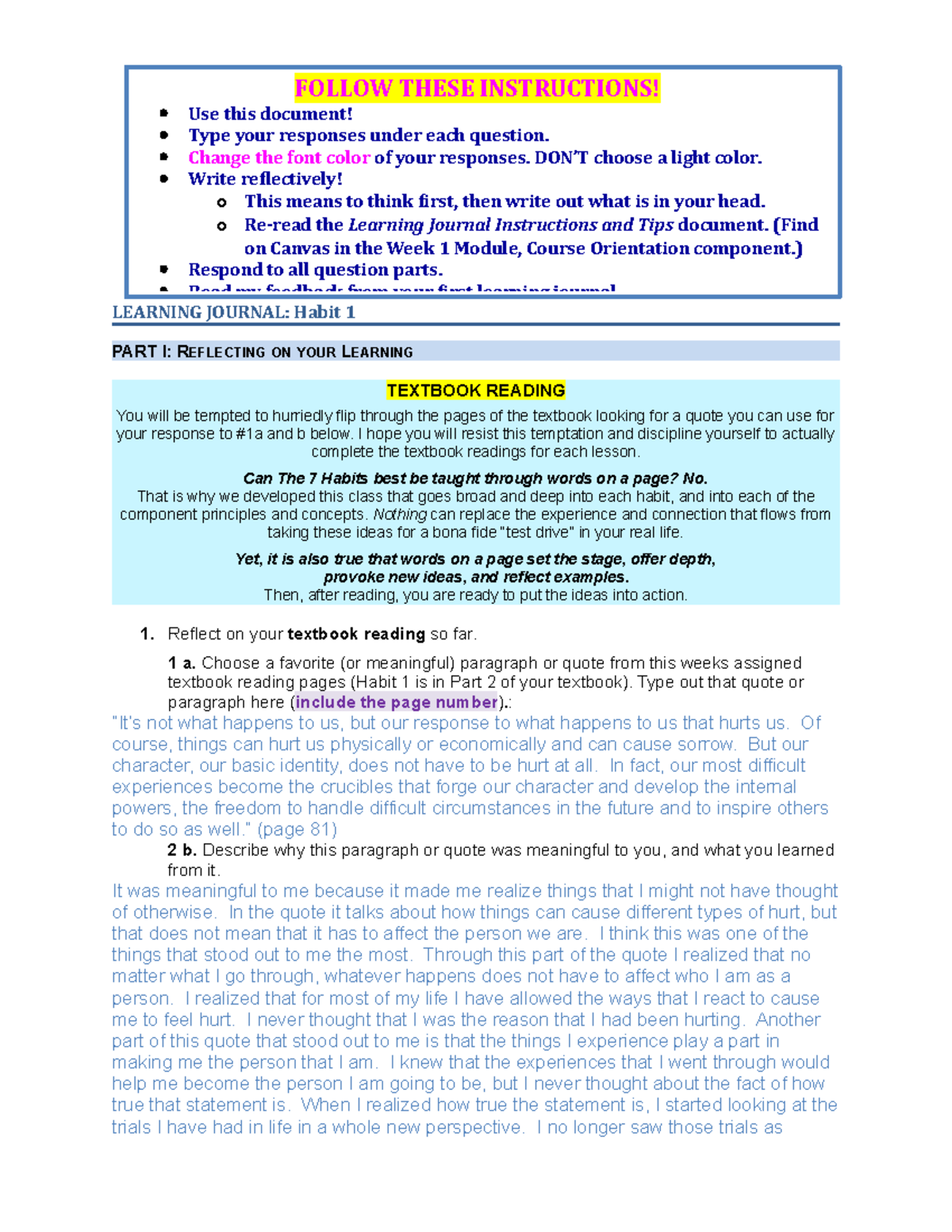 Learning Journal Habit 1 - LEARNING JOURNAL: Habit 1 PART I: REFLECTING ...