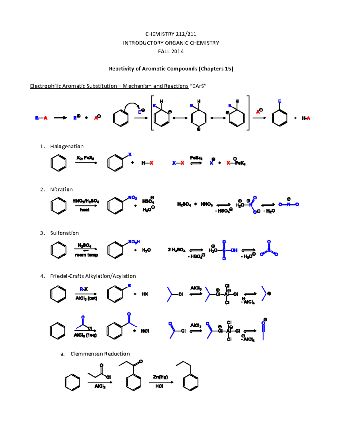 Aromatic Reactions Summary - CHEMISTRY 212/ INTRODUCTORY ORGANIC ...