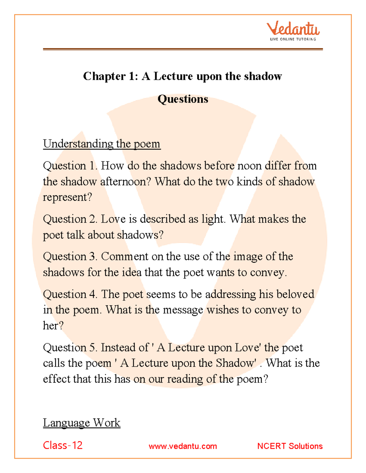 Ncert Solutions for Class 12 English Kaliedoscope Chapter 1 A Lecture Upon The Shadow - Poetry ...