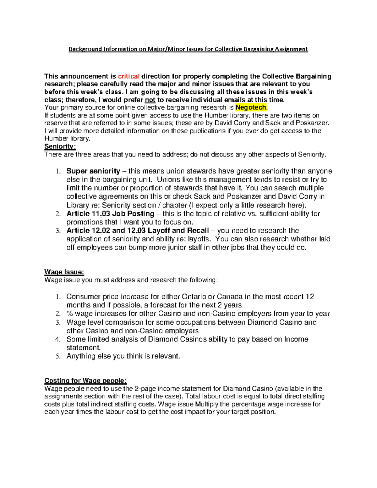 Background Information on Major and Minor Issues for Collective ...