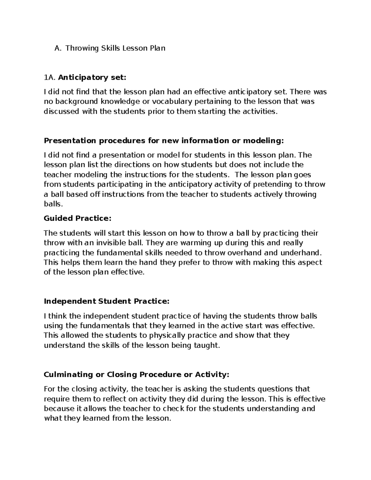 PE Methods part A - Part A - A. Throwing Skills Lesson Plan 1A ...
