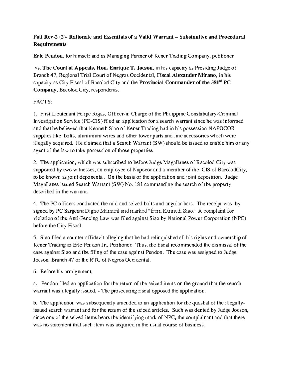 Pendon vs. Court of Appeals - Poli Rev-2 (2)- Rationale and Essentials ...