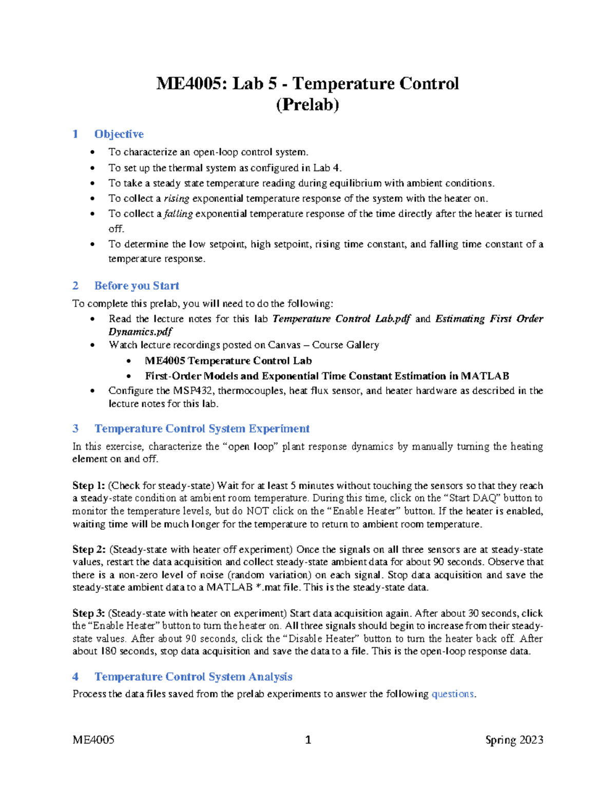 ME4005 Lab 5 Prelab Document SP23 - ME4005 1 Spring 2023 ME4005: Lab 5 ...