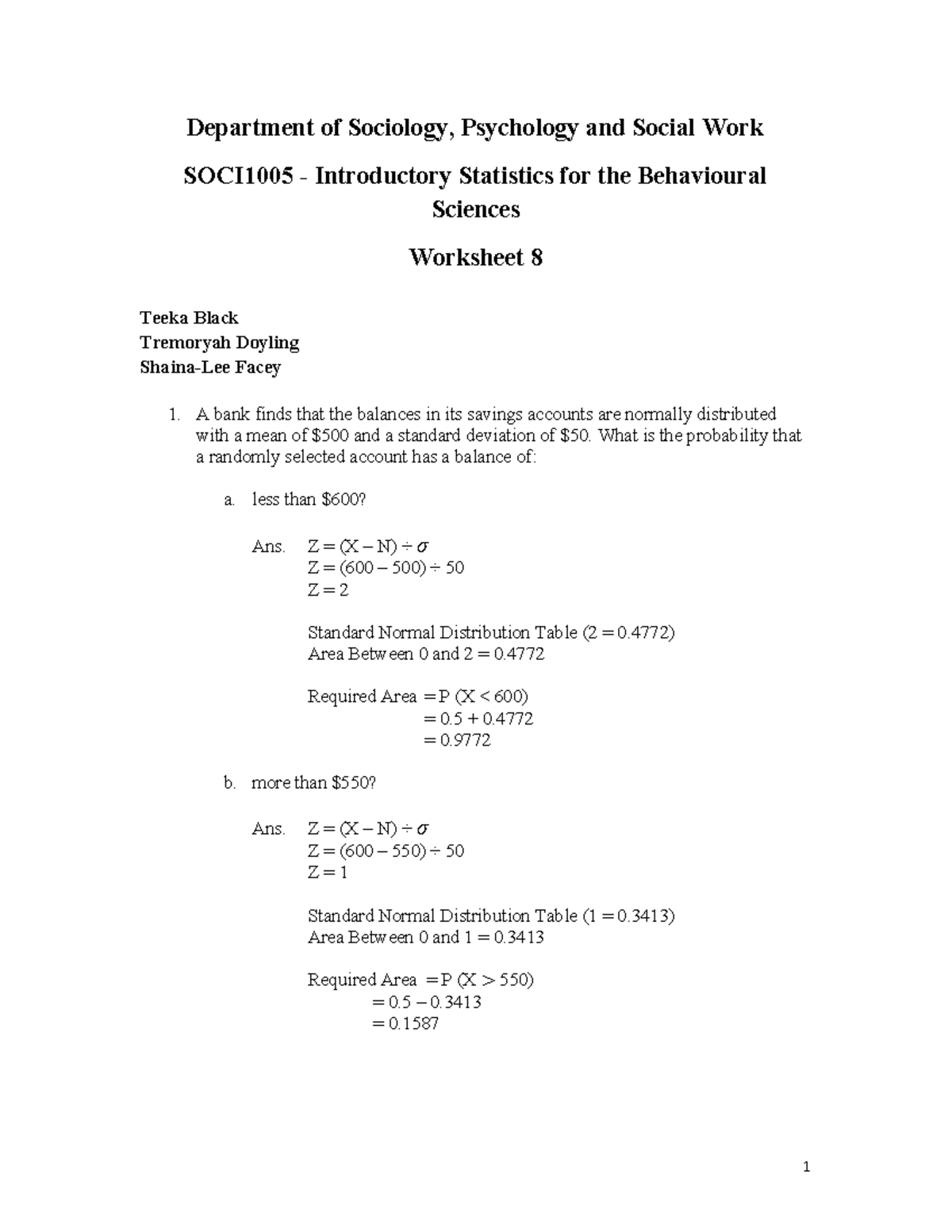 Worksheet Activity For Tutorial Week Eight - Introduction to Statistics ...