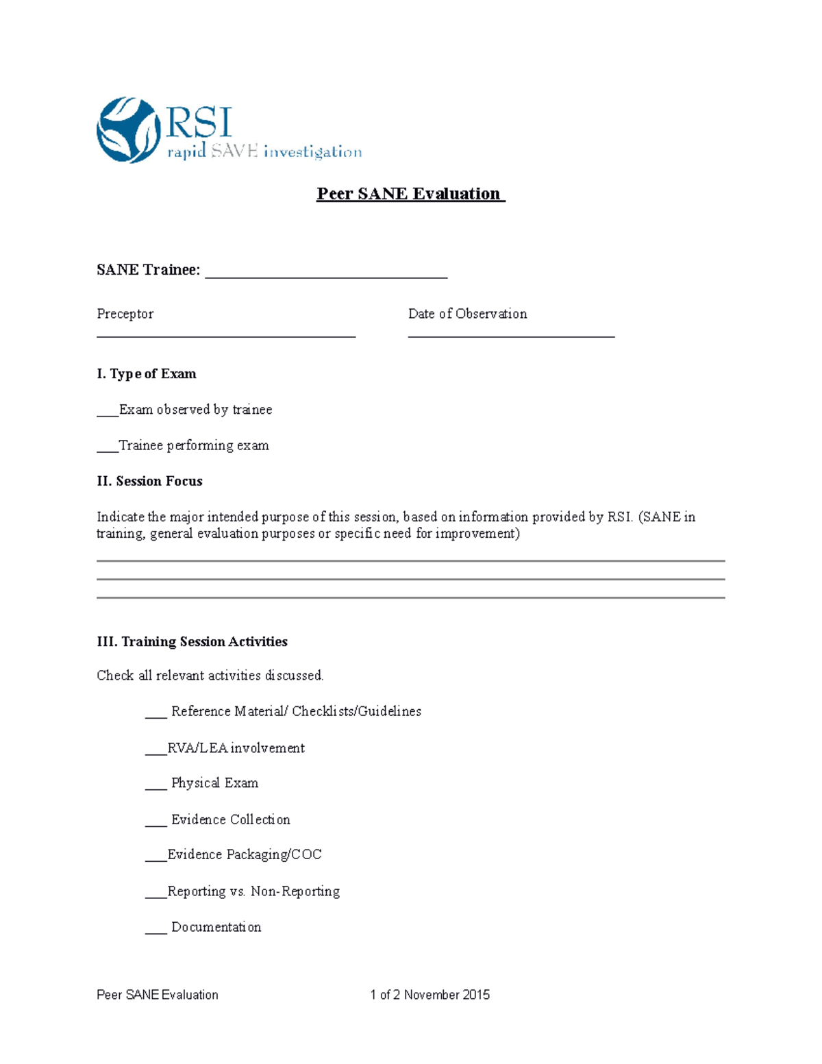 Peer SANE Evaluation - nanhhdhhf - Peer SANE Evaluation SANE Trainee