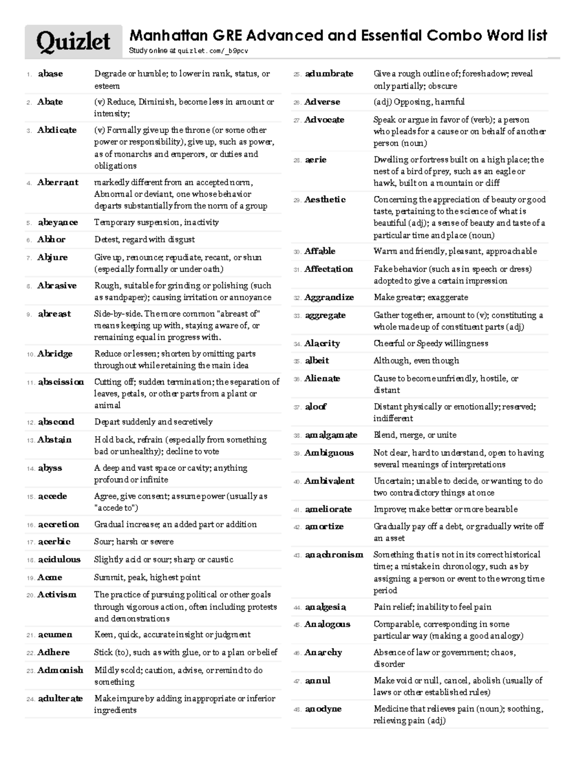 Manhattan GRE Advanced and Essential Combo Word list - 1. abase Degrade ...