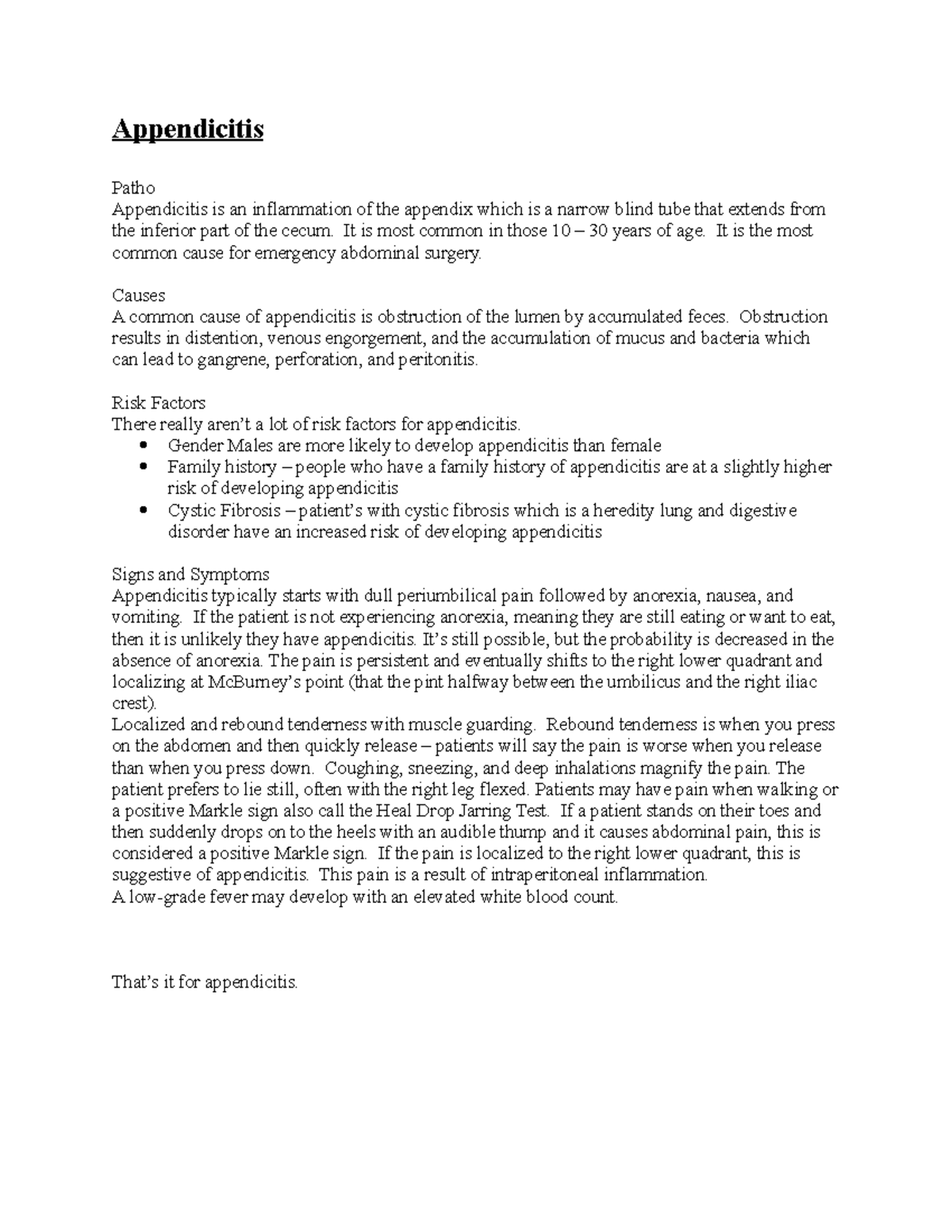 Appendicitis - notes - Appendicitis Patho Appendicitis is an ...