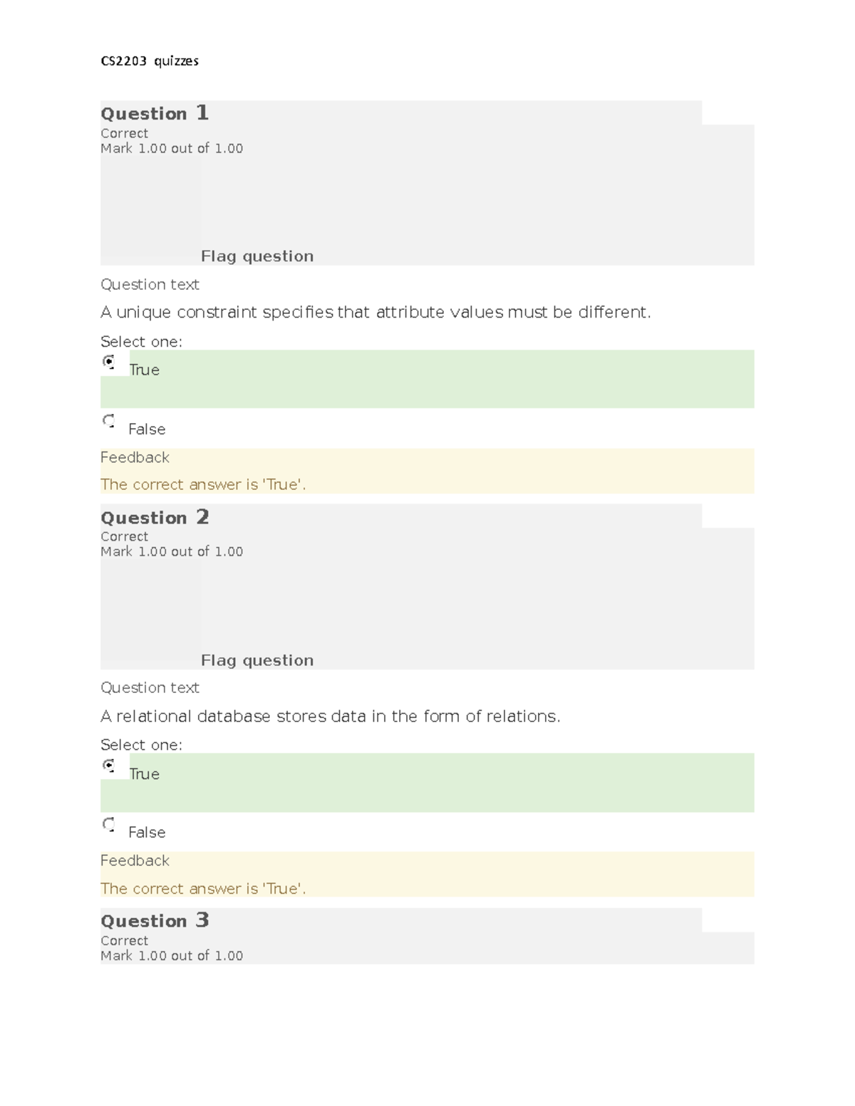 CS2203 quizzes Unit 1-6 summary review - Question 1 Correct Mark 1 out ...