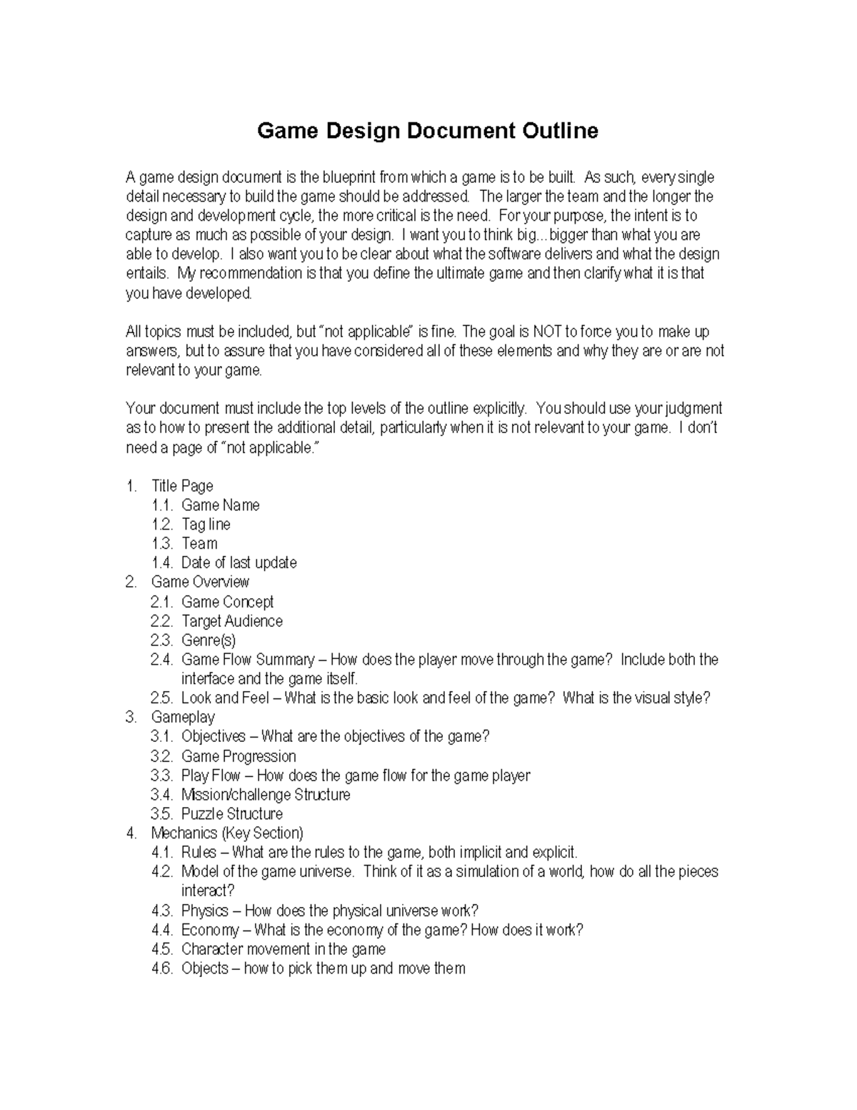 Design Doc Template - Describe - Game Design Document Outline A game ...