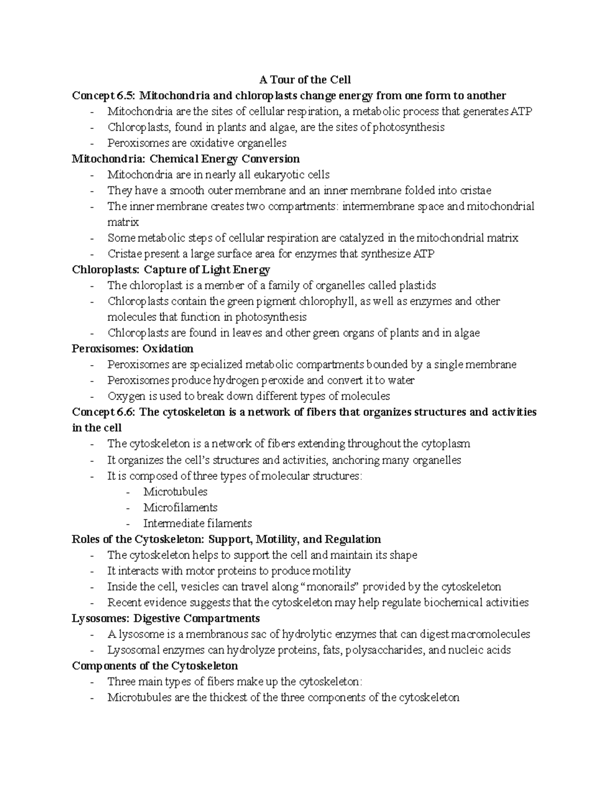 Bio 6.3 notes - A Tour of the Cell Concept 6: Mitochondria and ...