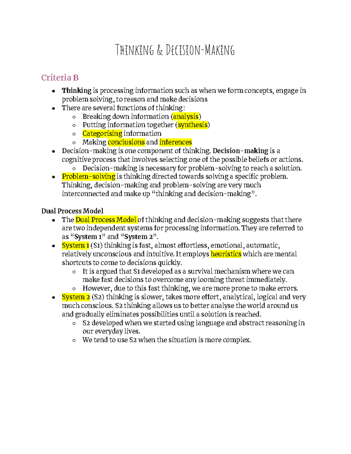 Thinking and decision making note taking - Thinking & Decision-Making ...