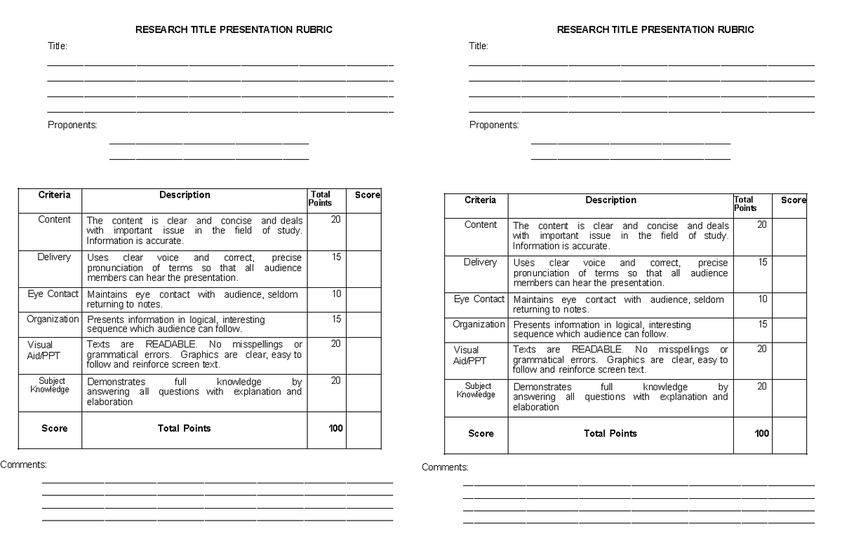 Research Title Presentation Rubric - RESEARCH TITLE PRESENTATION RUBRIC ...