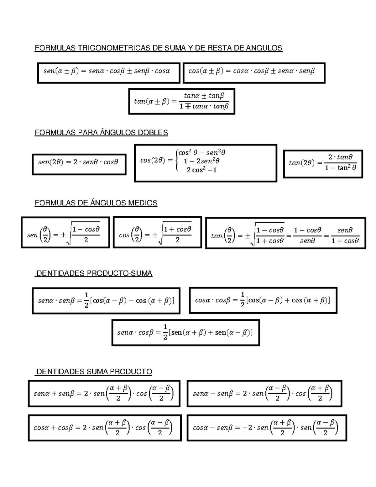 Formulas Trigonometricas DE SUMA Y DE Resta DE Angulos - FORMULAS ...