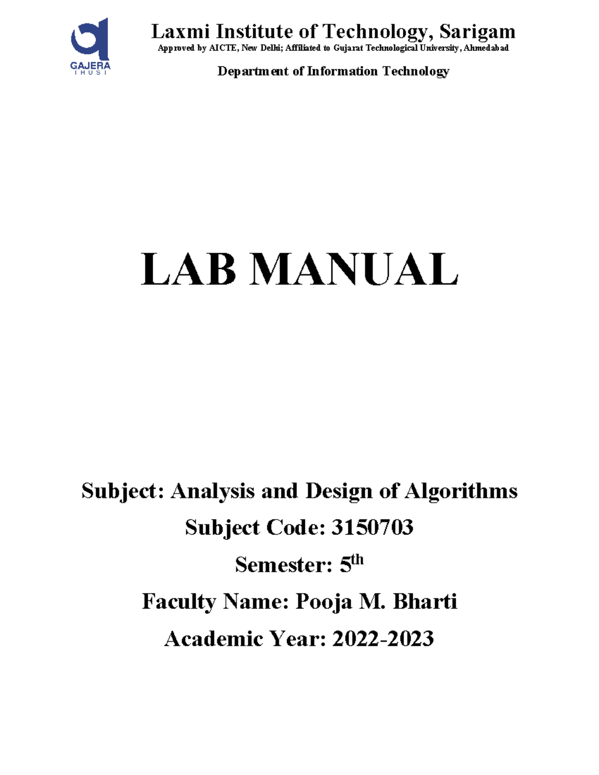 Lab Manual - Approved by AICTE, New Delhi; Affiliated to Gujarat Technological University ...