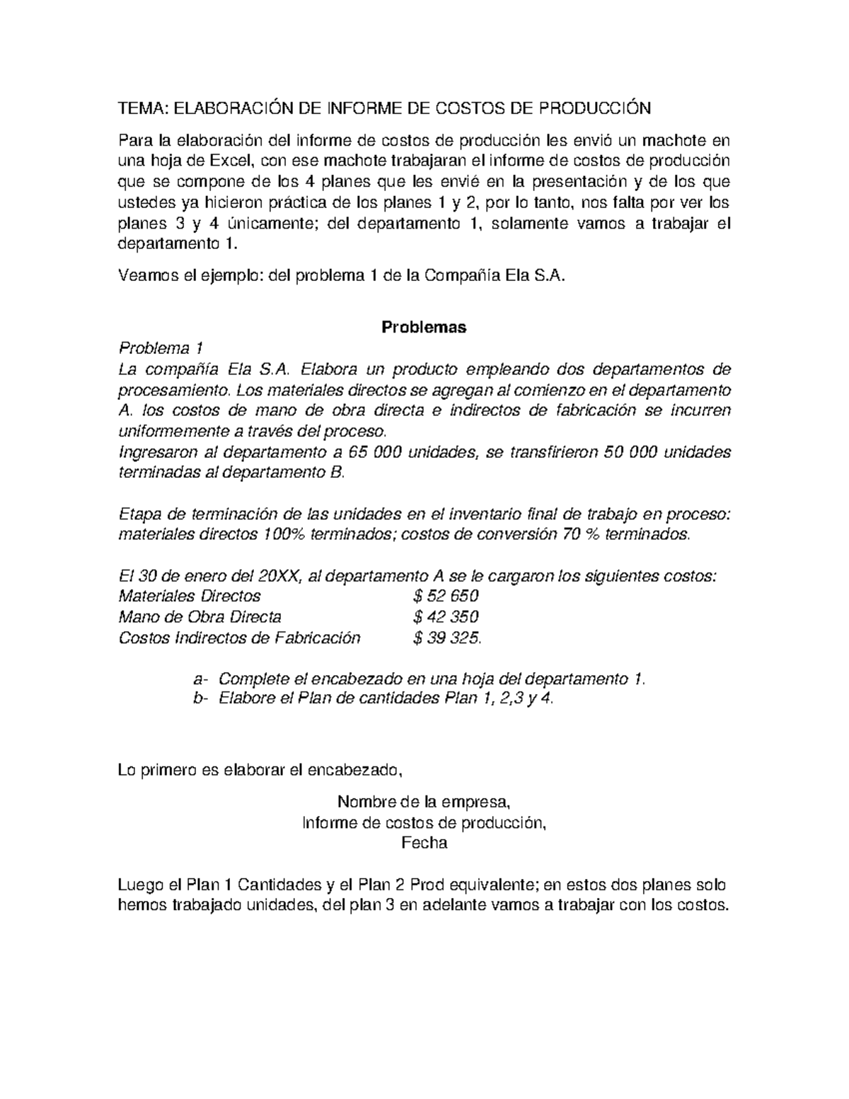 Tema informe de costos de producción - TEMA: ELABORACIÓN DE INFORME DE ...