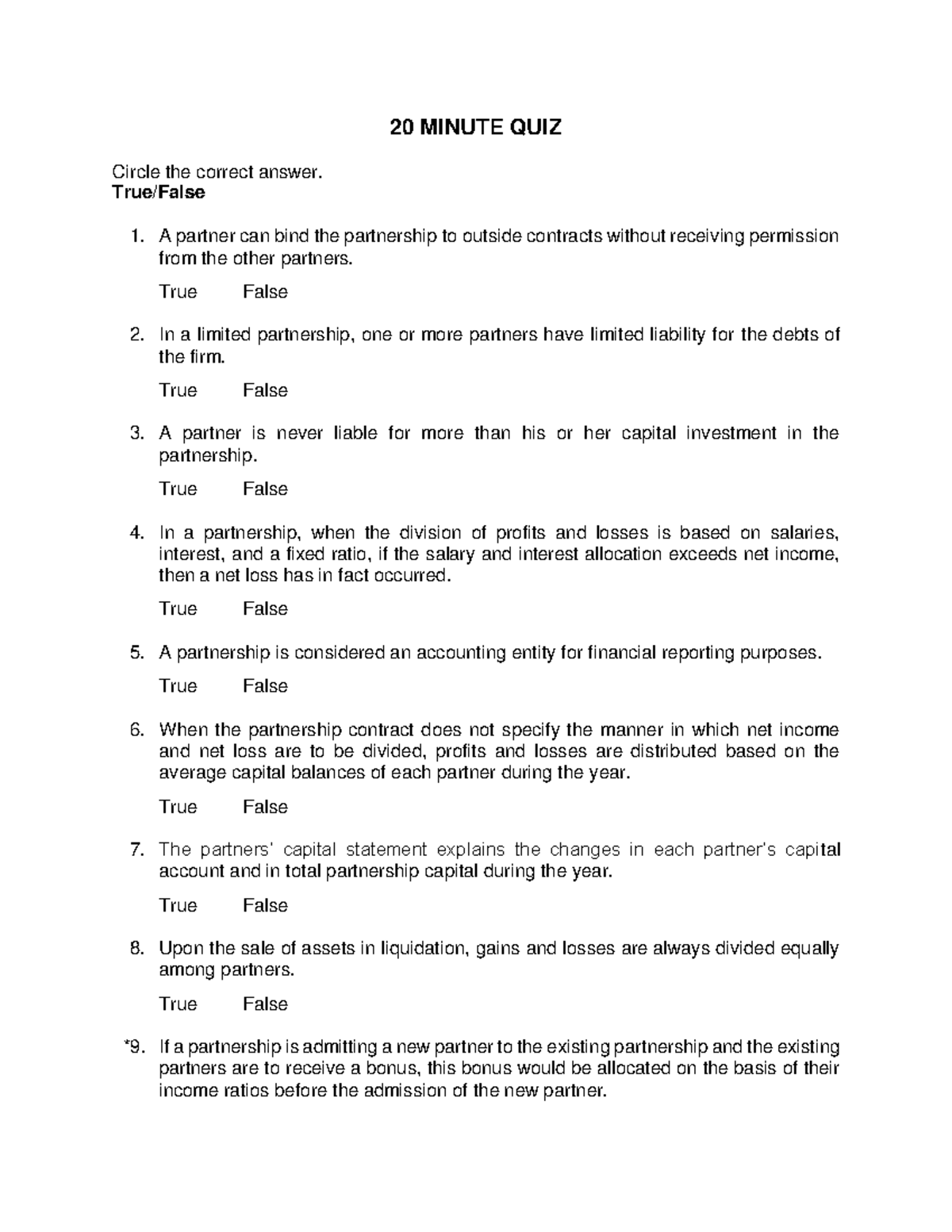 20 Minute QUIZ - Exercises - 20 MINUTE QUIZ Circle the correct answer ...