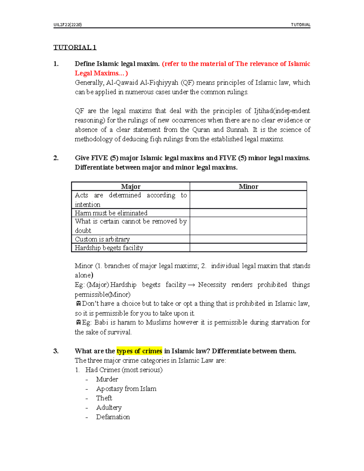 Tutorial 1 - Legal Maxim - UIL2722(2220) TUTORIAL TUTORIAL 1 Define ...