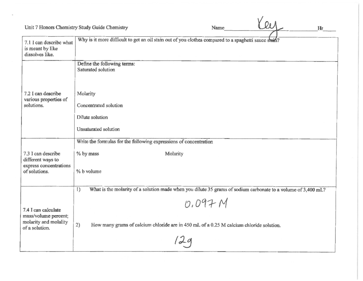 Unit 7 study guide Answers - Unit 7 Honors Chemistry Study Guide ...