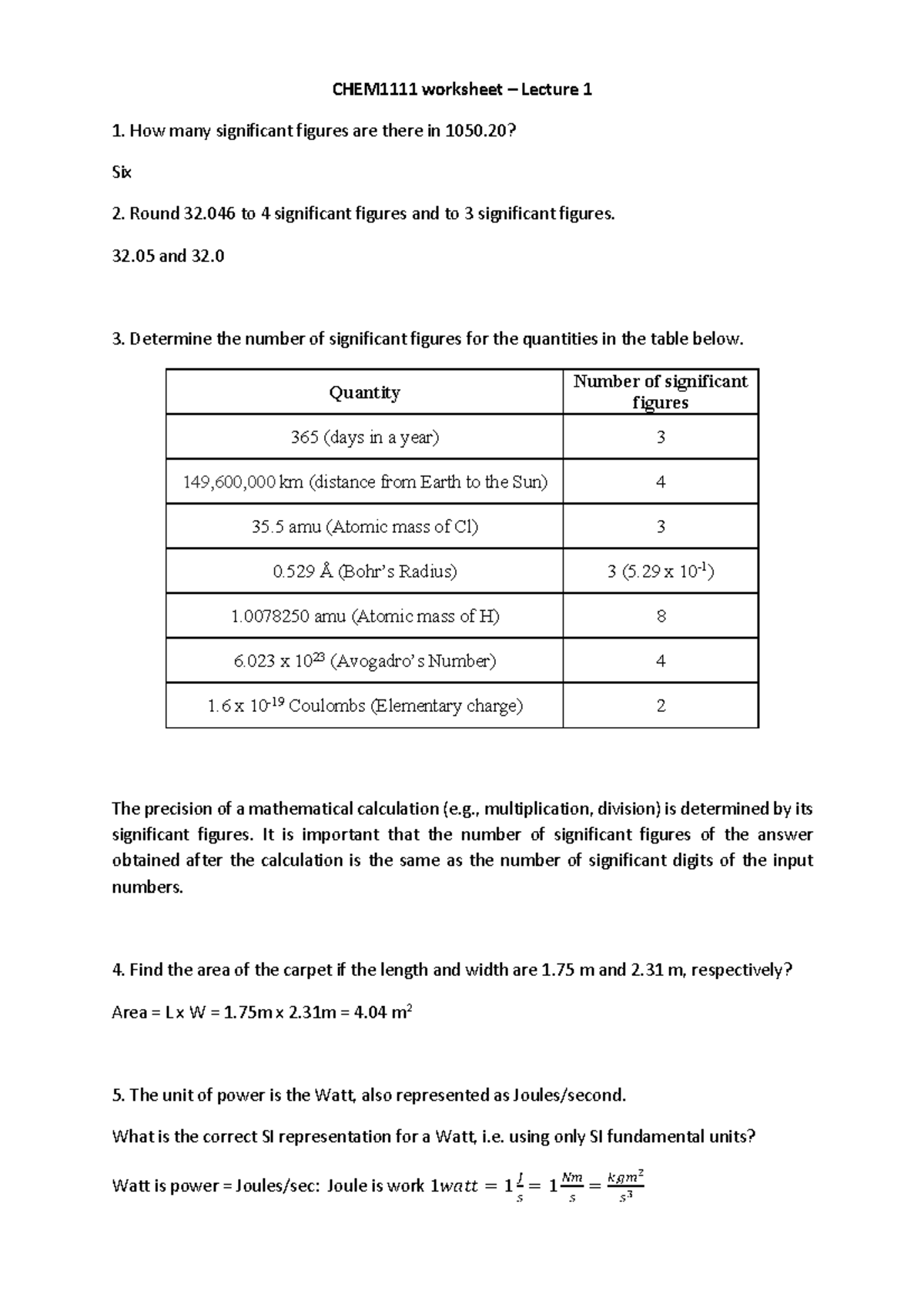 Answers to worksheet 1 - CHEM1111 worksheet – Lecture 1 How many ...