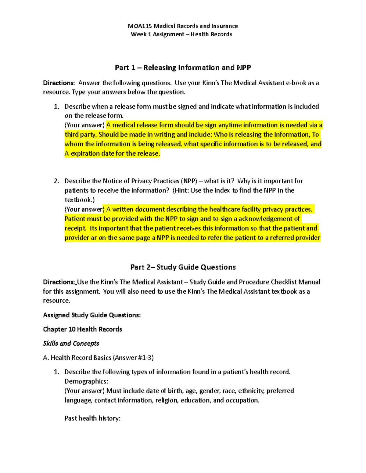 Wk1Assignmentt - Week 1 Assignment – Health Records Part 1 – Releasing Information and NPP - Studocu
