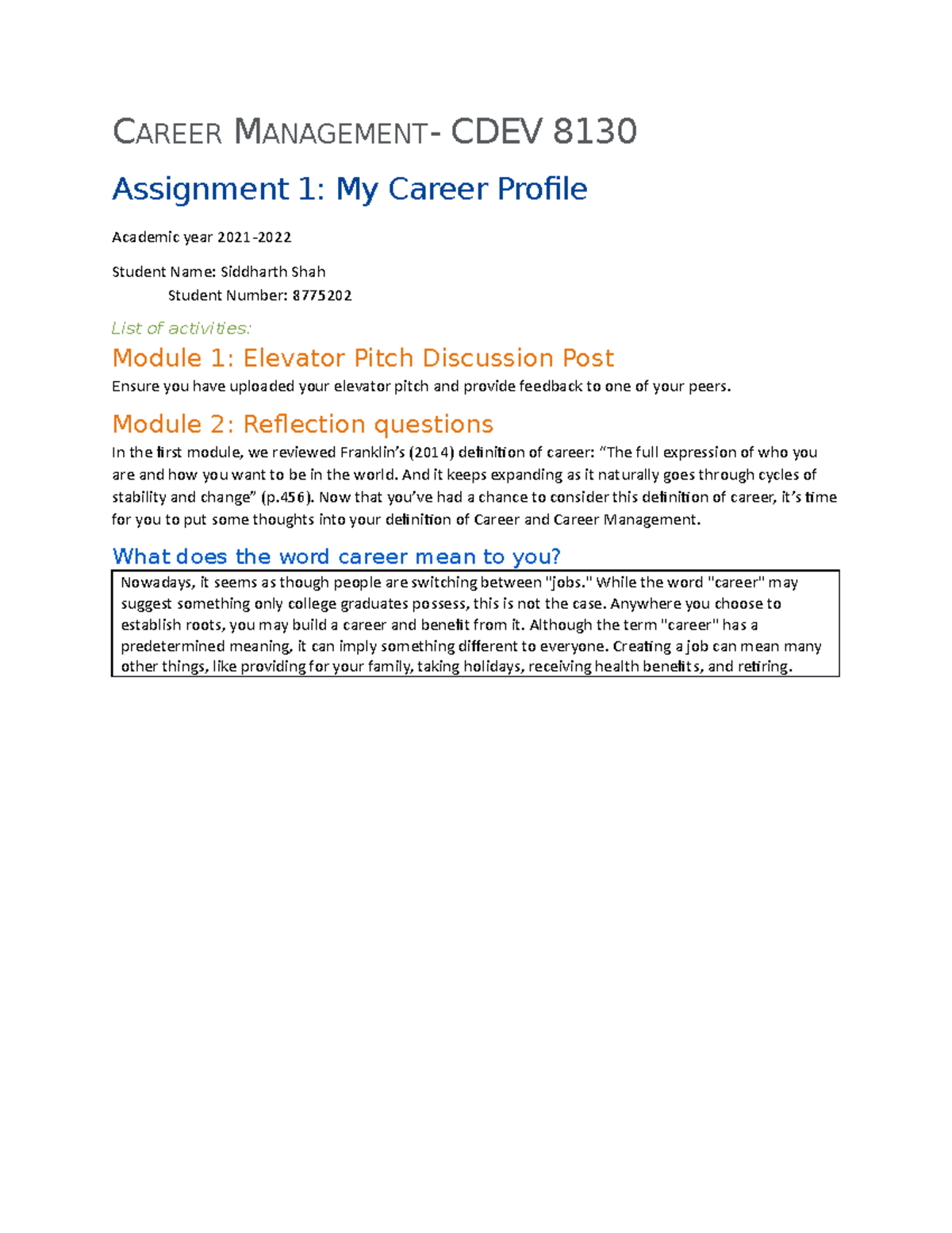 CDEV8130 Career Management Assignment 1 My Career Profile - CAREER ...