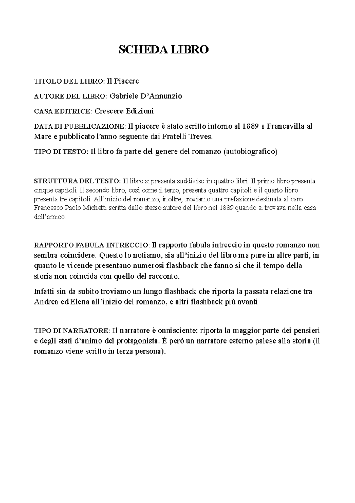 IL Piacere - SCHEDA LIBRO TITOLO DEL LIBRO: Il Piacere AUTORE DEL LIBRO ...