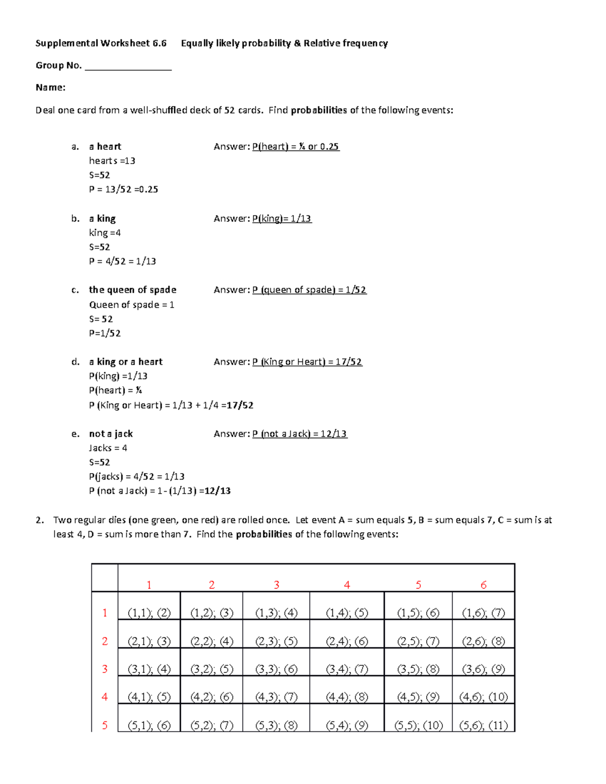 In Class 6.6 Equally likely Probabilities - Supplemental Worksheet 6 ...