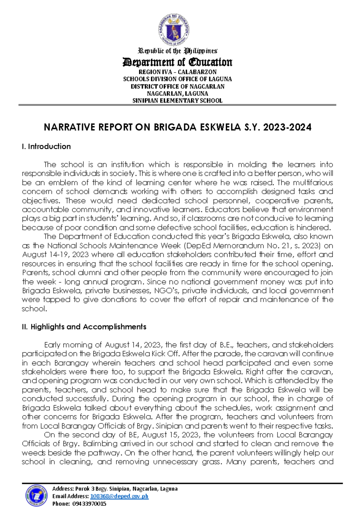 108368 Sinipian ES BE Narrative Report - Department of Education REGION ...