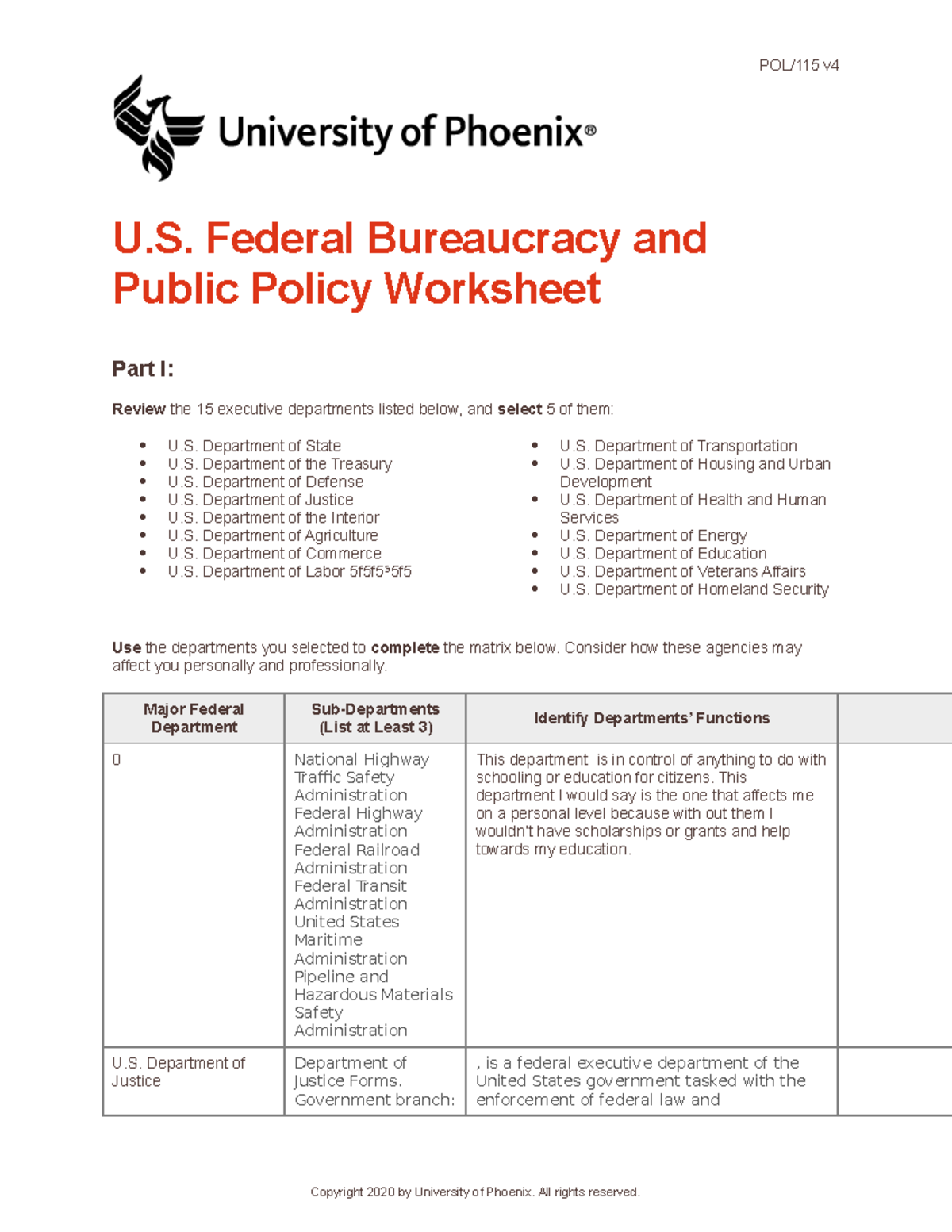 Megan l petersons 5 departments worksheet POL115 v4 wk4 U.S. Federal ...