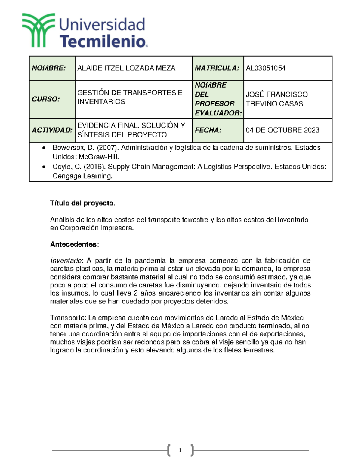 Evidencia final. Solución y síntesis del proyecto (GEST Trasn) - NOMBRE ...
