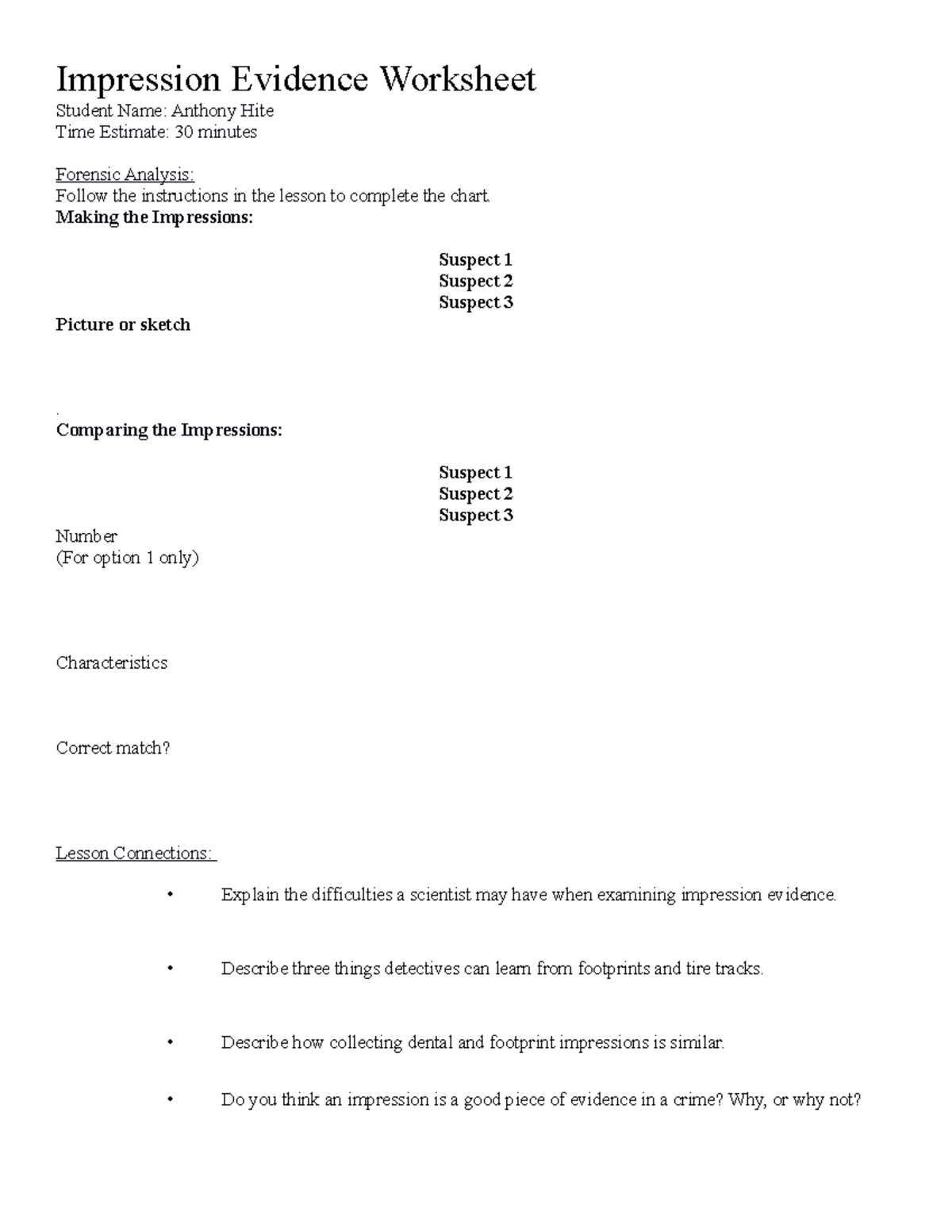 Impression evidence worksheet - Impression Evidence Worksheet Student ...