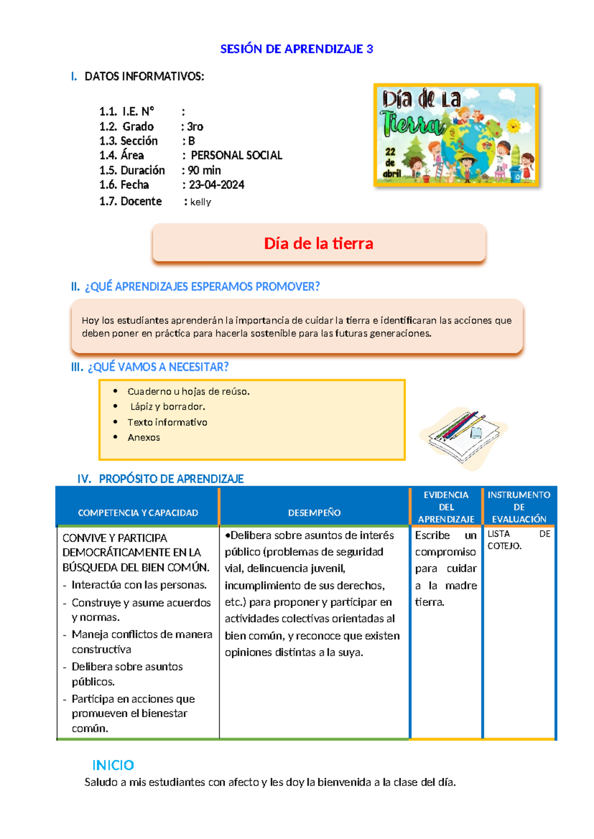 Sesion PS. Día de la tierra - SESIÓN DE APRENDIZAJE 3 I. DATOS ...
