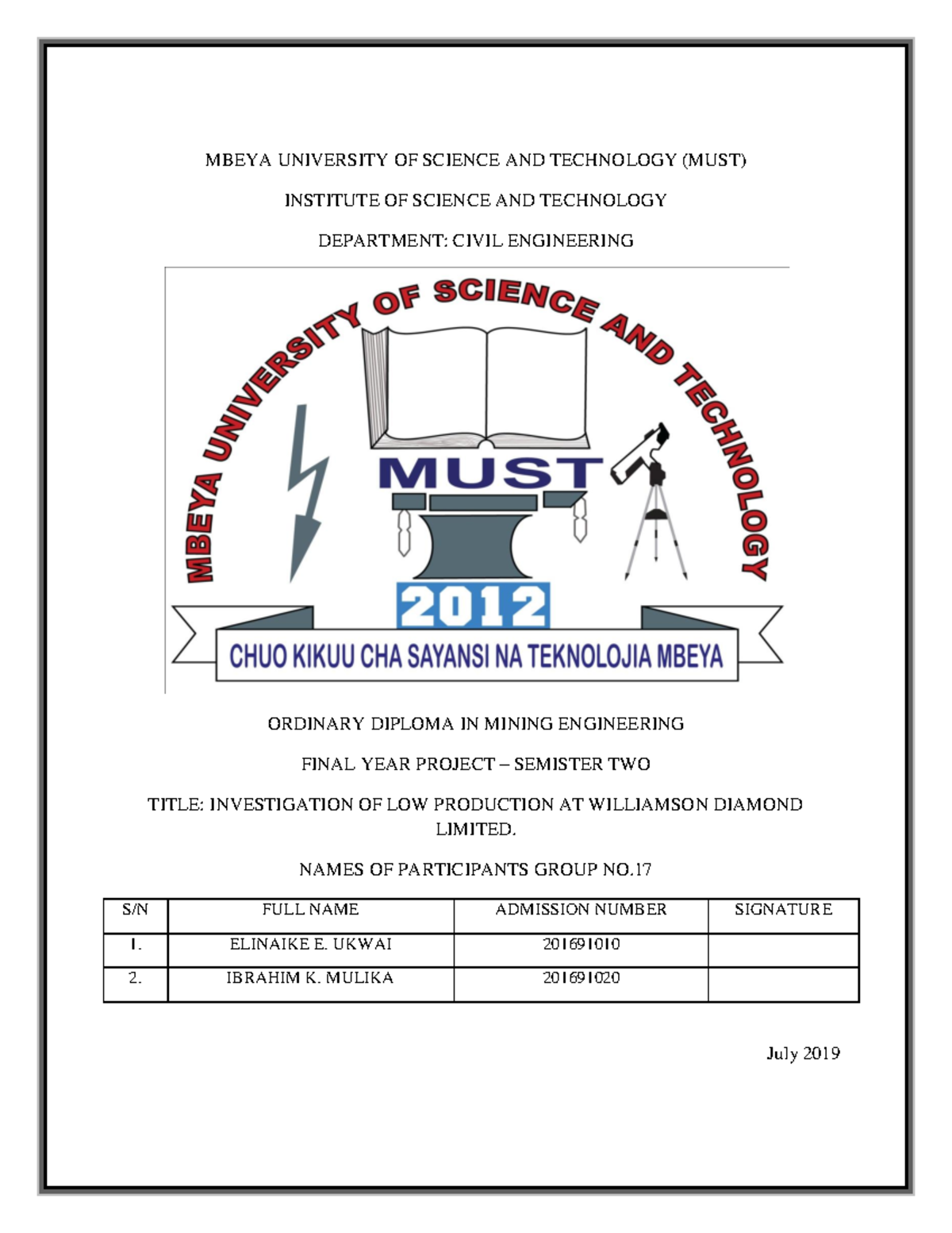 G17 - Good - MBEYA UNIVERSITY OF SCIENCE AND TECHNOLOGY (MUST ...