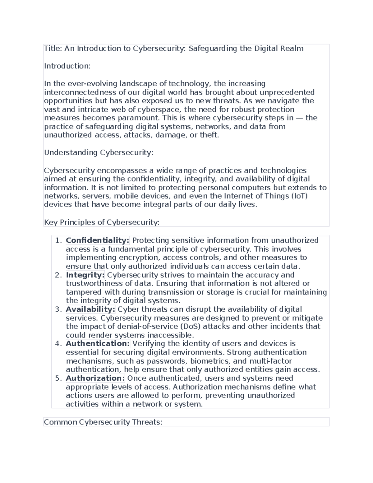 Introduction to Cybersecurity - As we navigate the vast and intricate ...