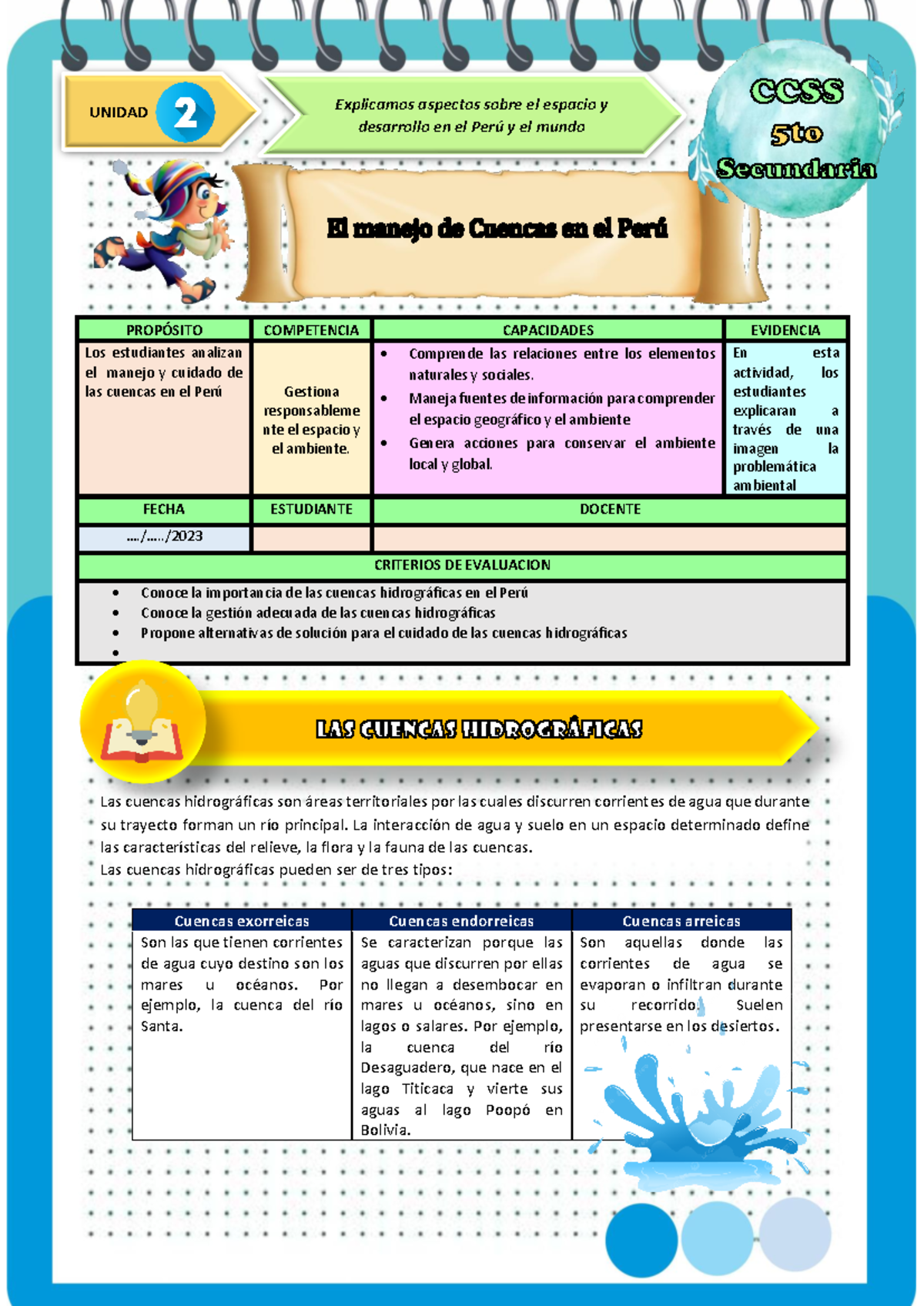 Ficha DE Actividad CCSS 5°- Semana 2 - . Cuencas exorreicas Cuencas ...