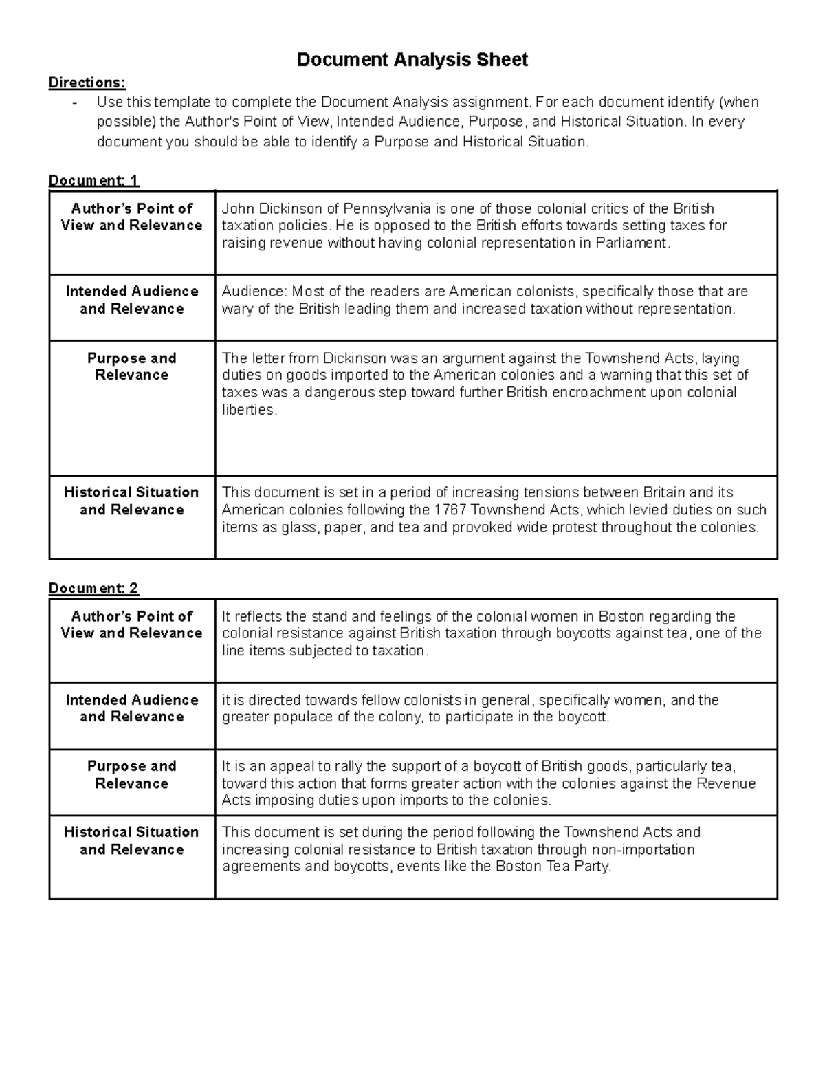 Time Period Document Analysis Template - Document Analysis Sheet ...