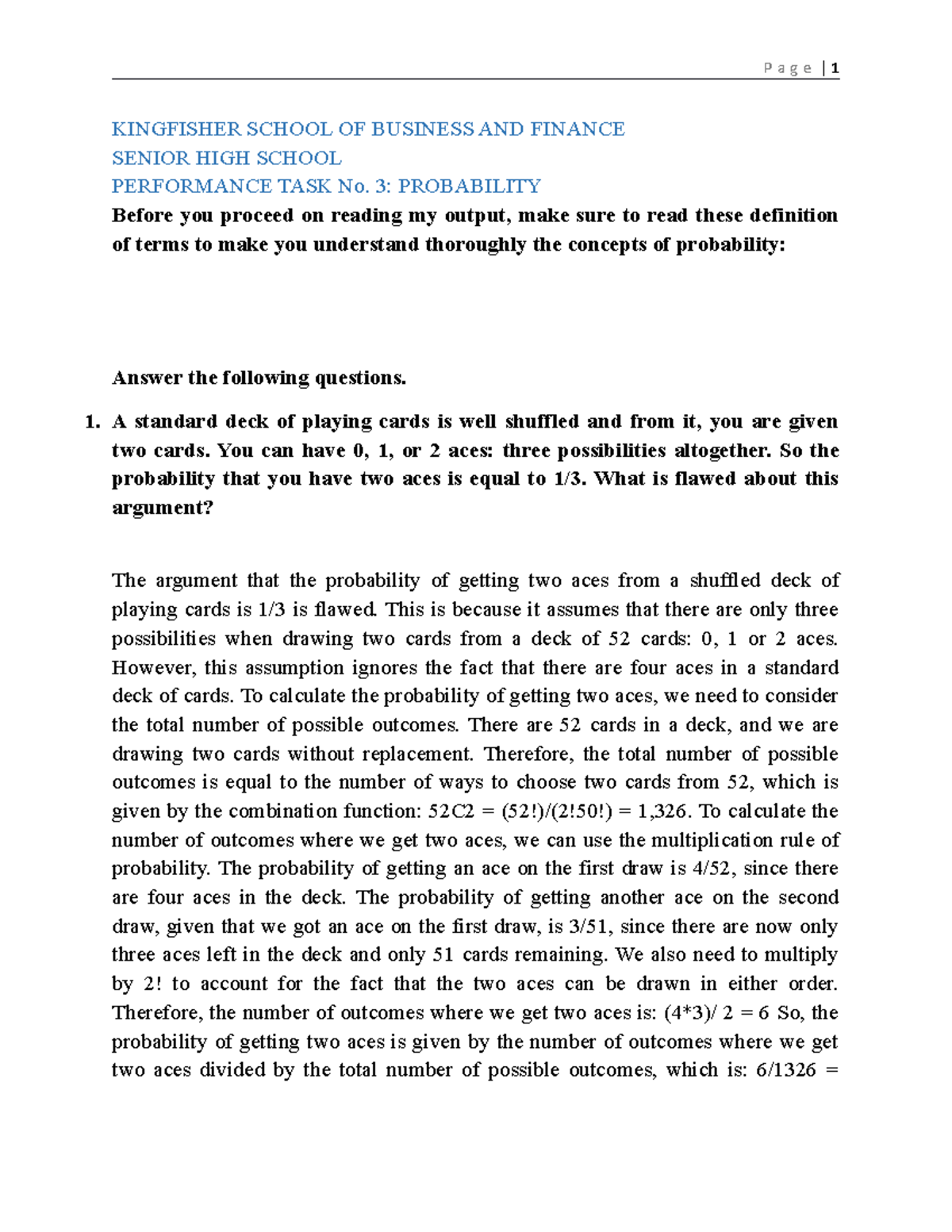 Satspt 3 - PERFORMANCE TASK No. 3: PROBABILITY - KINGFISHER SCHOOL OF ...