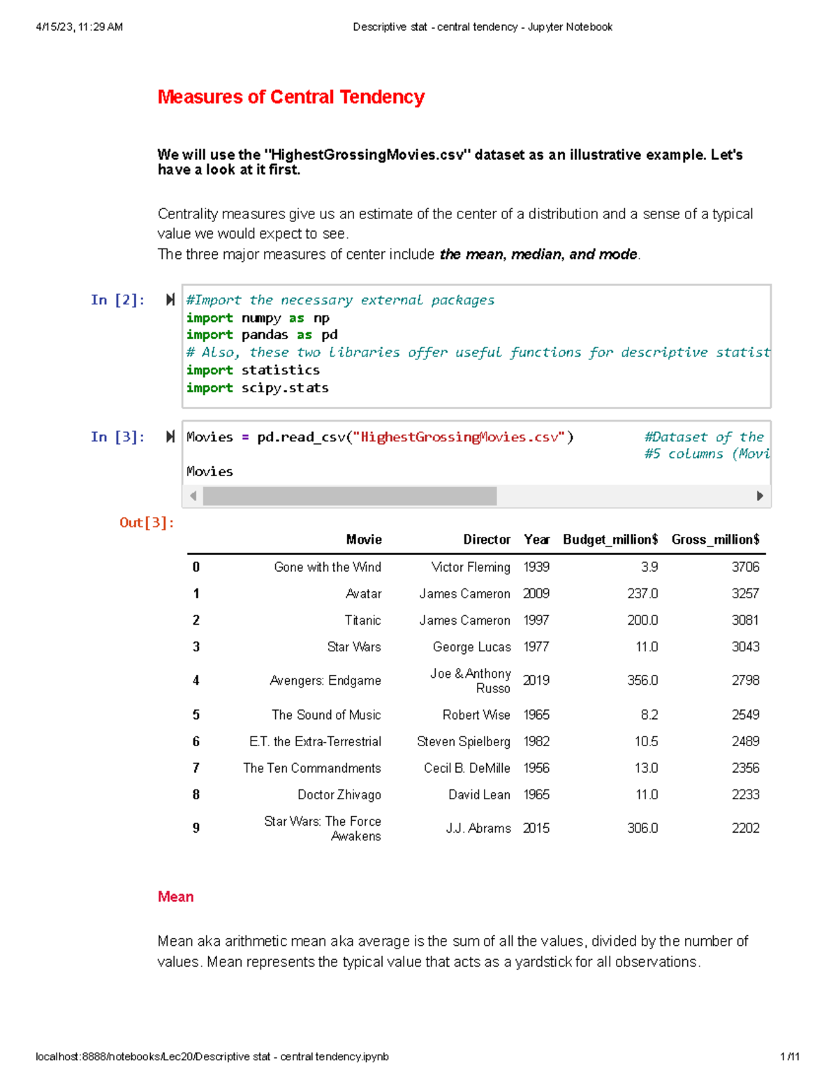 Descriptive stat - central tendency - Jupyter Notebook - Measures of ...