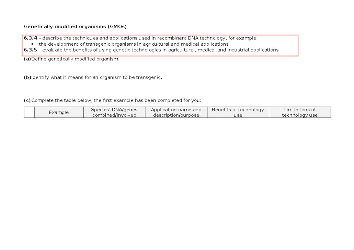 research table for biology module 6 - Genetically modified organisms ...